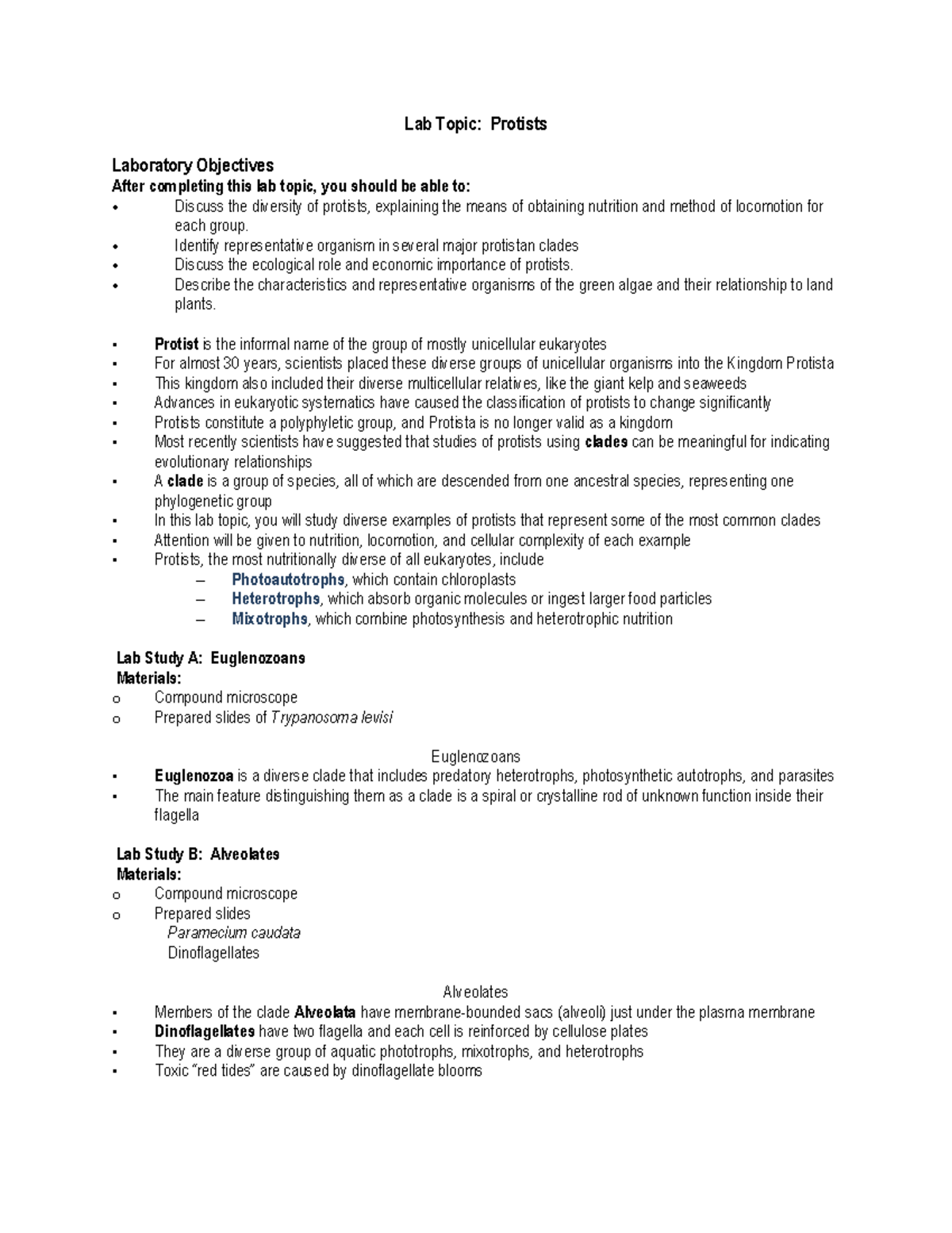 Protists - General Biology II Laboratory/ BIOL 1122 at Tennessee State ...