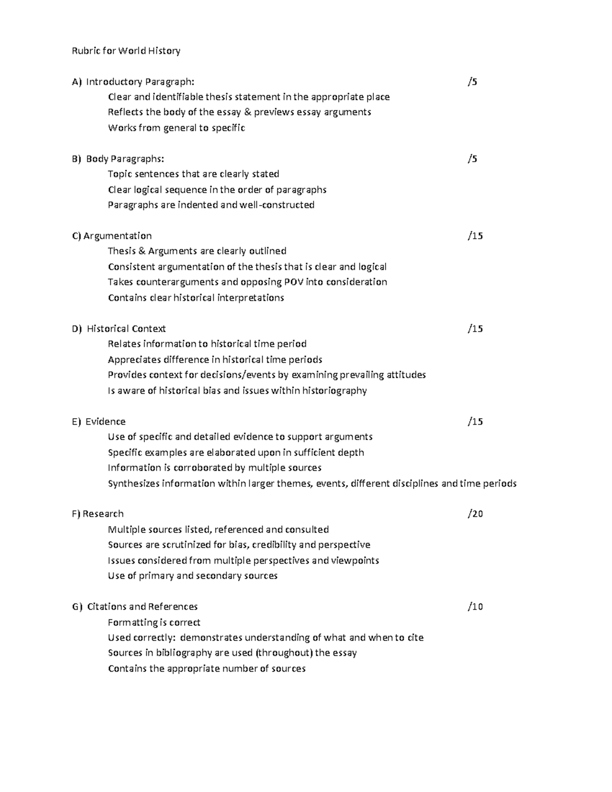 Mod West Essay Rubric 1 - Rubric for World History A) Introductory ...