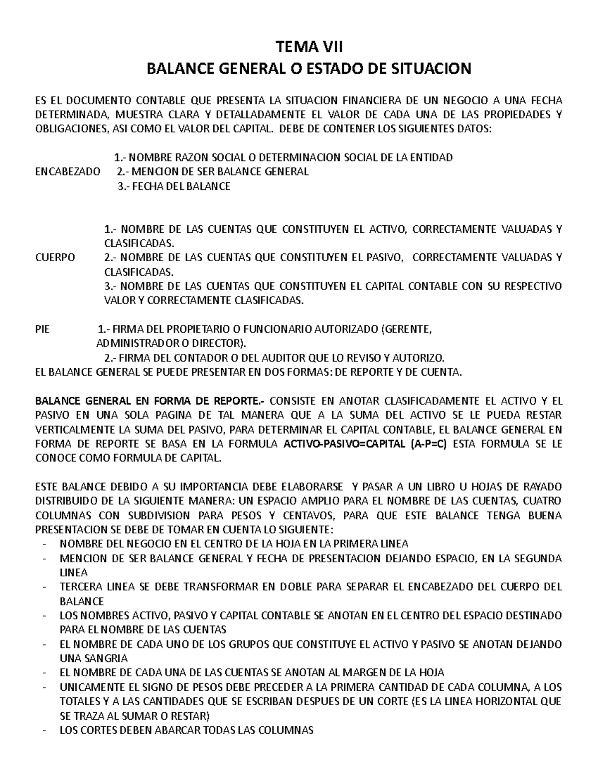 TEMA VII Balance General - TEMA VII BALANCE GENERAL O ESTADO DE ...