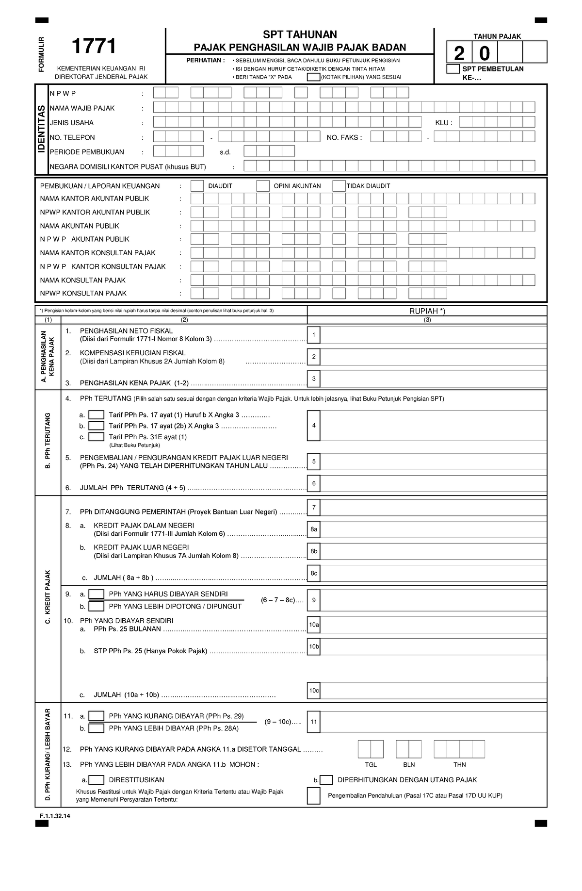 Formulir PDF SPT Tahunan PPh Badan – 1771 - ISI DENGAN HURUF CETAK/DIKETIK DENGAN TINTA HITAM ...