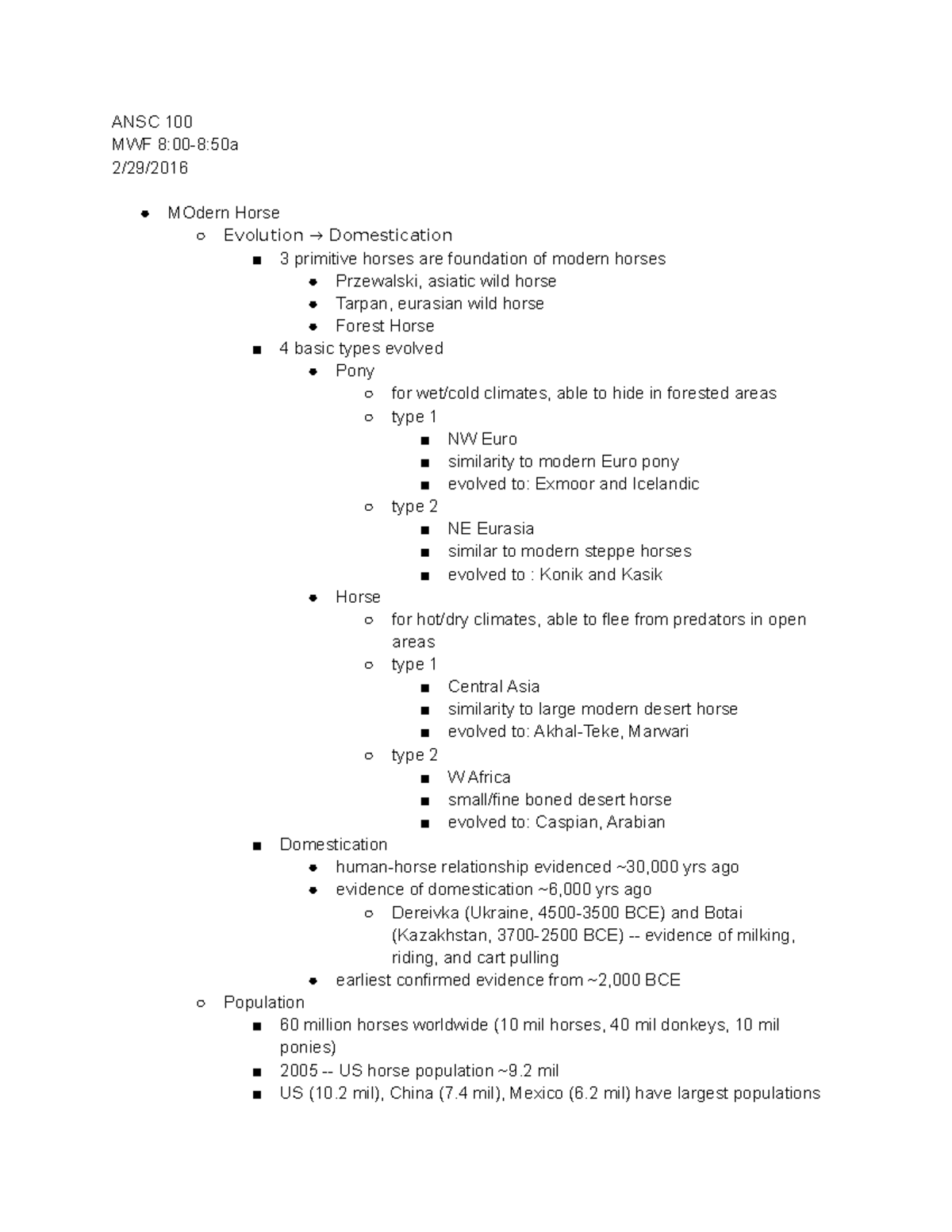 ANSC100_Lecture14 - ANSC 100 MWF 8:00-8:50a 2/29/2016 MOdern Horse ...