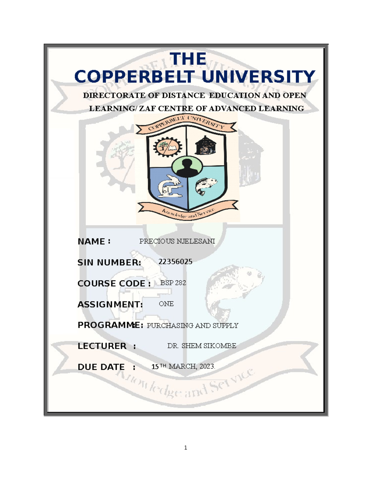 Assignment ONE ( Precious) - Page 1 THE COPPERBELT UNIVERSITY ...