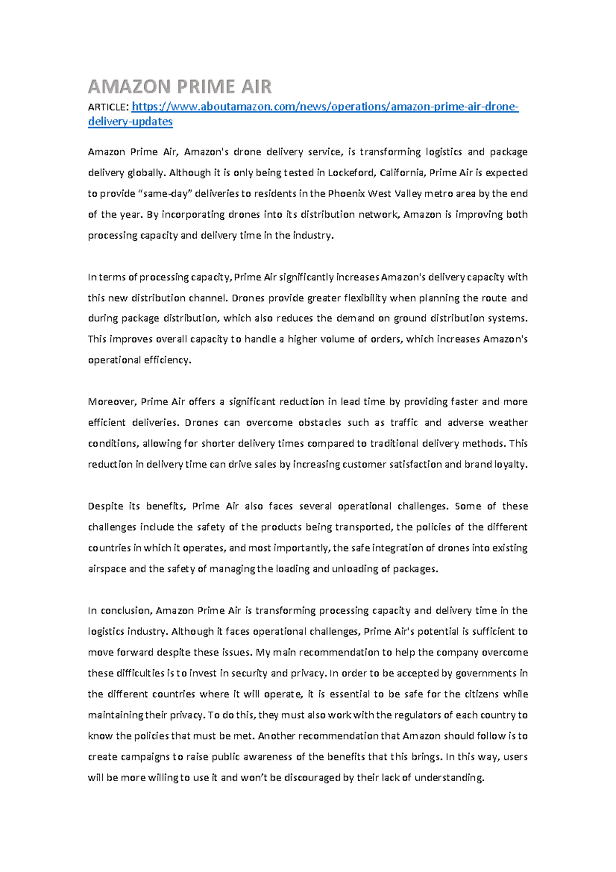 Article for class - AMAZON PRIME AIR ARTICLE: aboutamazon/news/operations/amazon-prime-air-drone ...