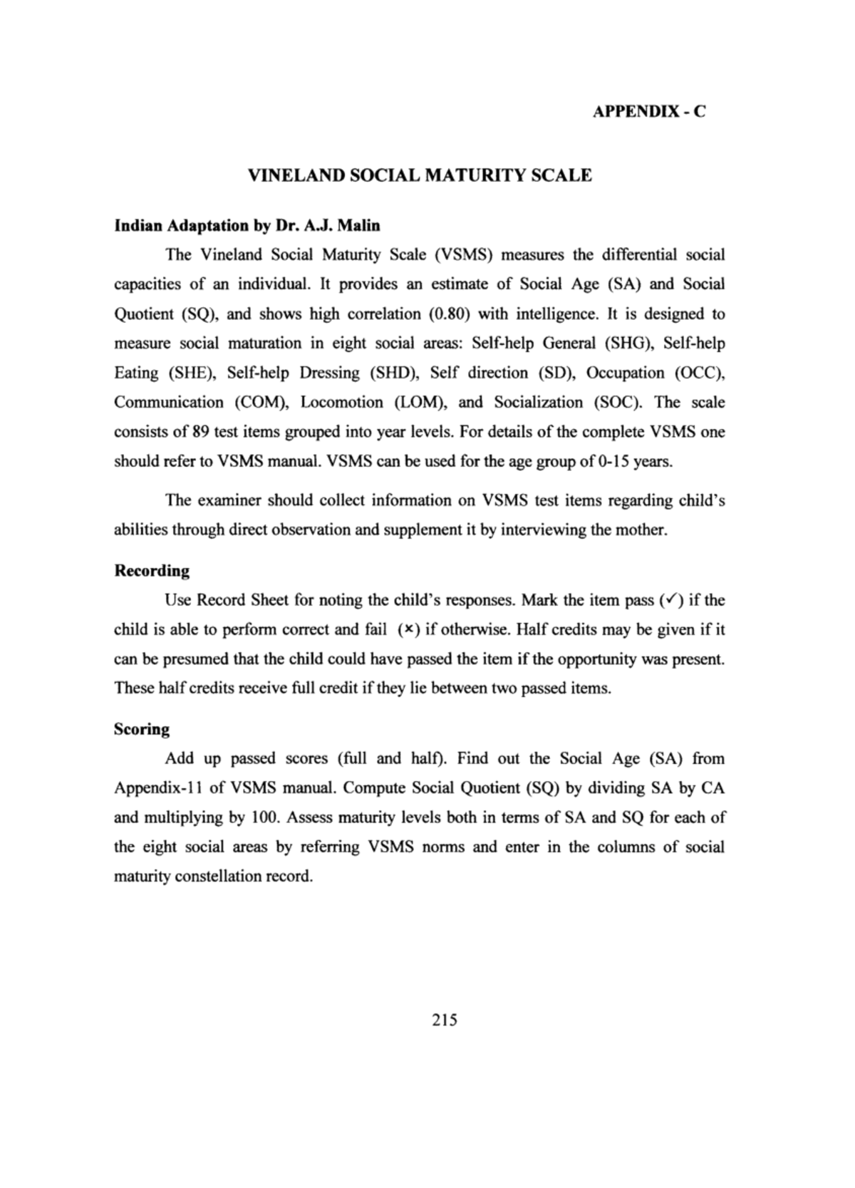 VSMS VSMS Performa APPENDIX C VINELAND SOCIAL MATURITY SCALE Indian