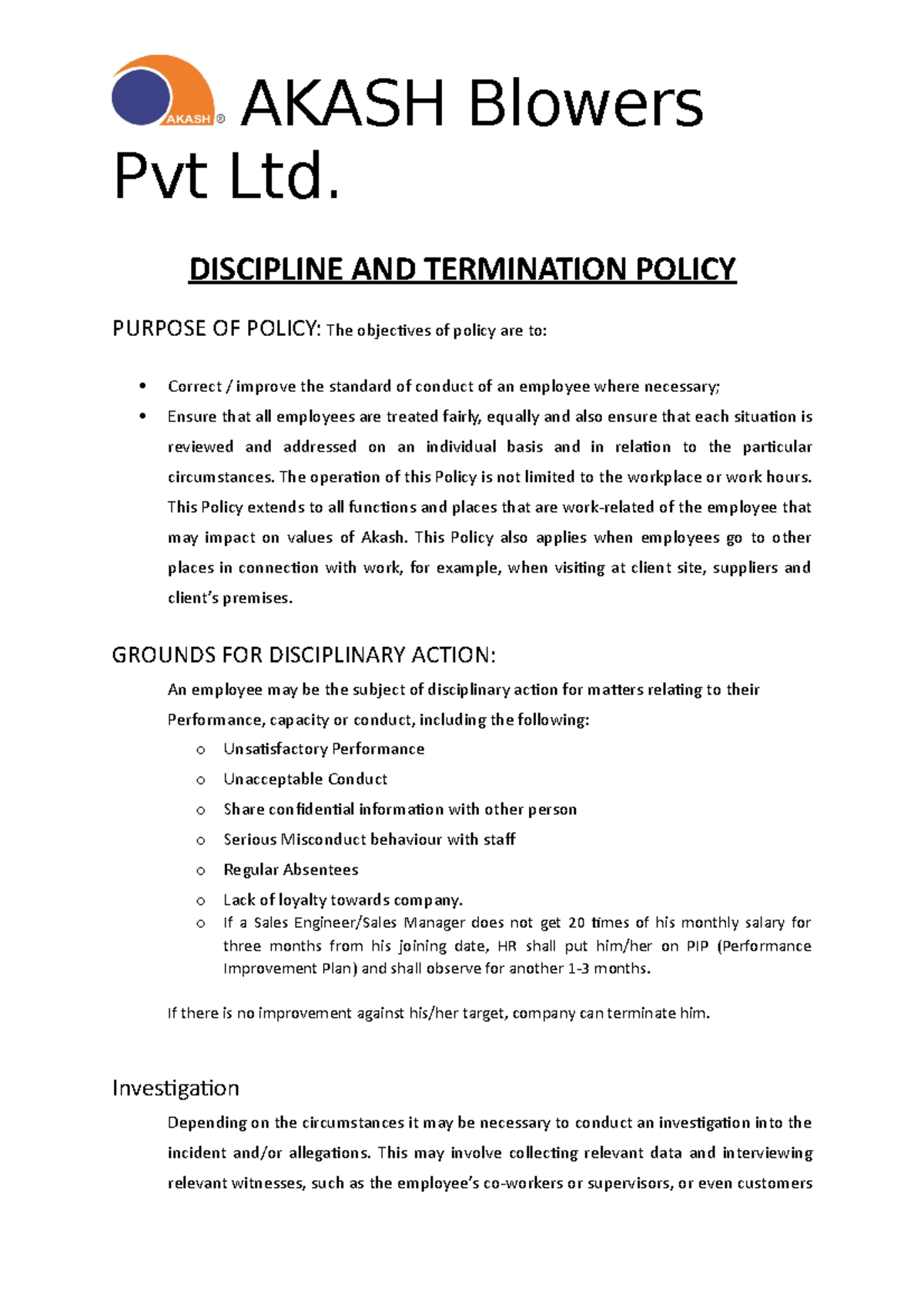 Discipline AND Termination Policy - AKASH Blowers Pvt Ltd. DISCIPLINE ...