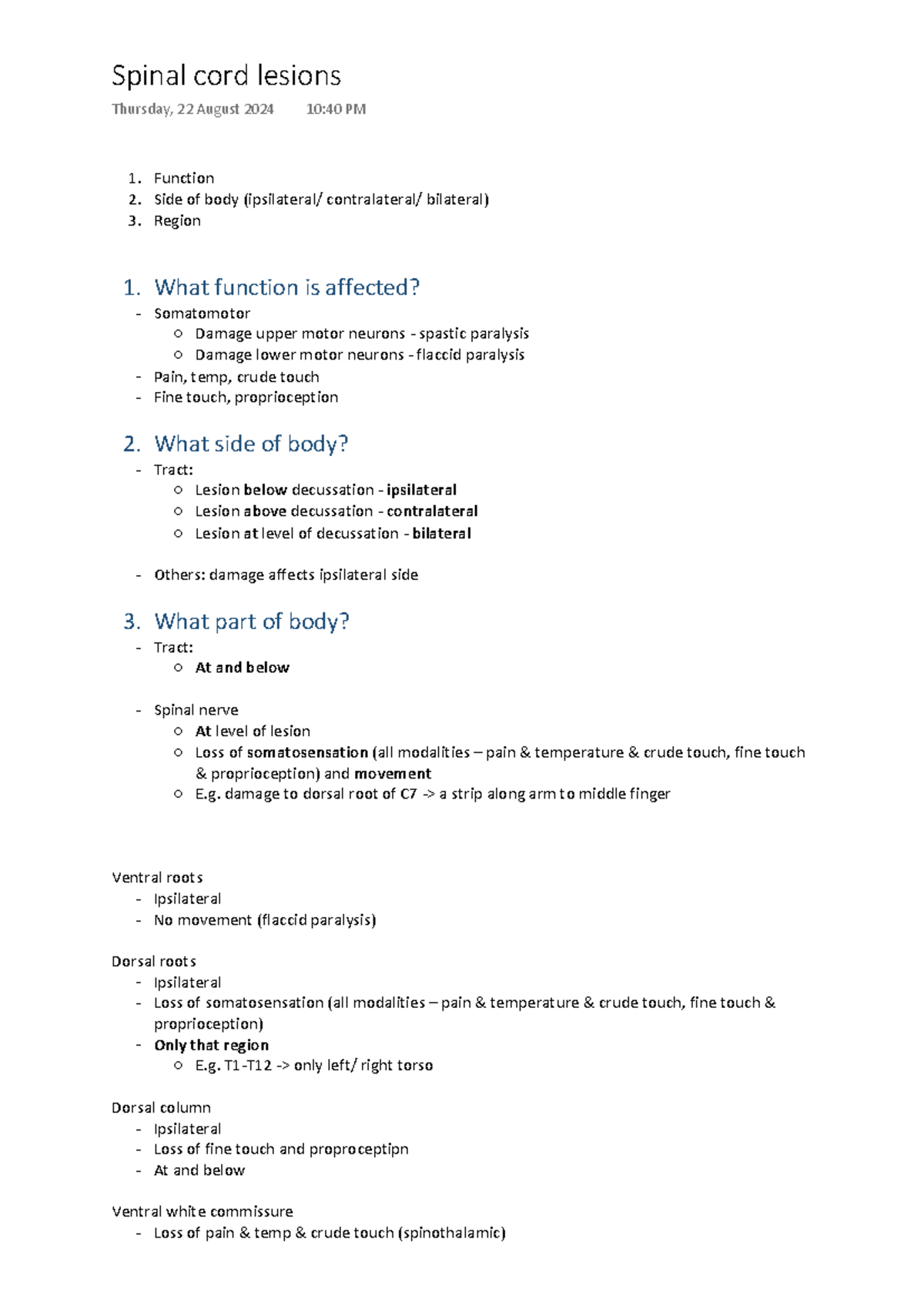 Spinal Cord Lesions Summary - Function Side of body (ipsilateral ...