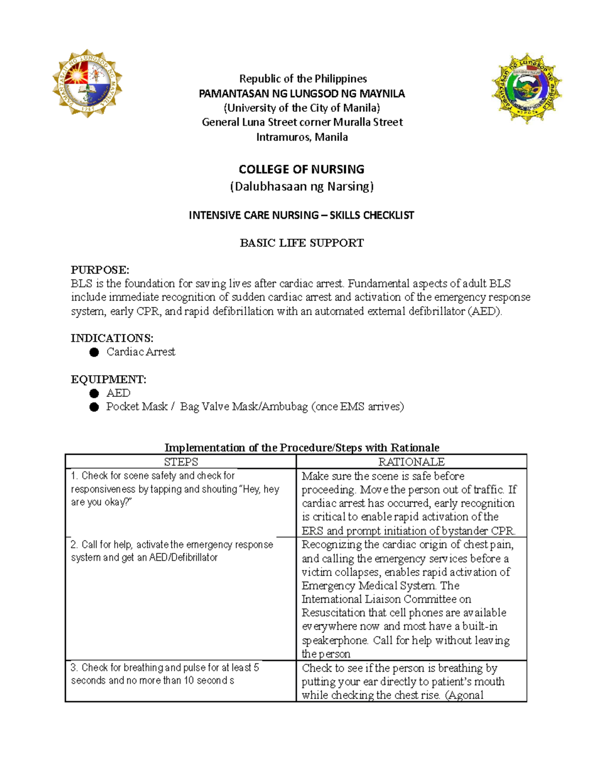 BLS Checklist FOR Instructors - Republic of the Philippines PAMANTASAN ...