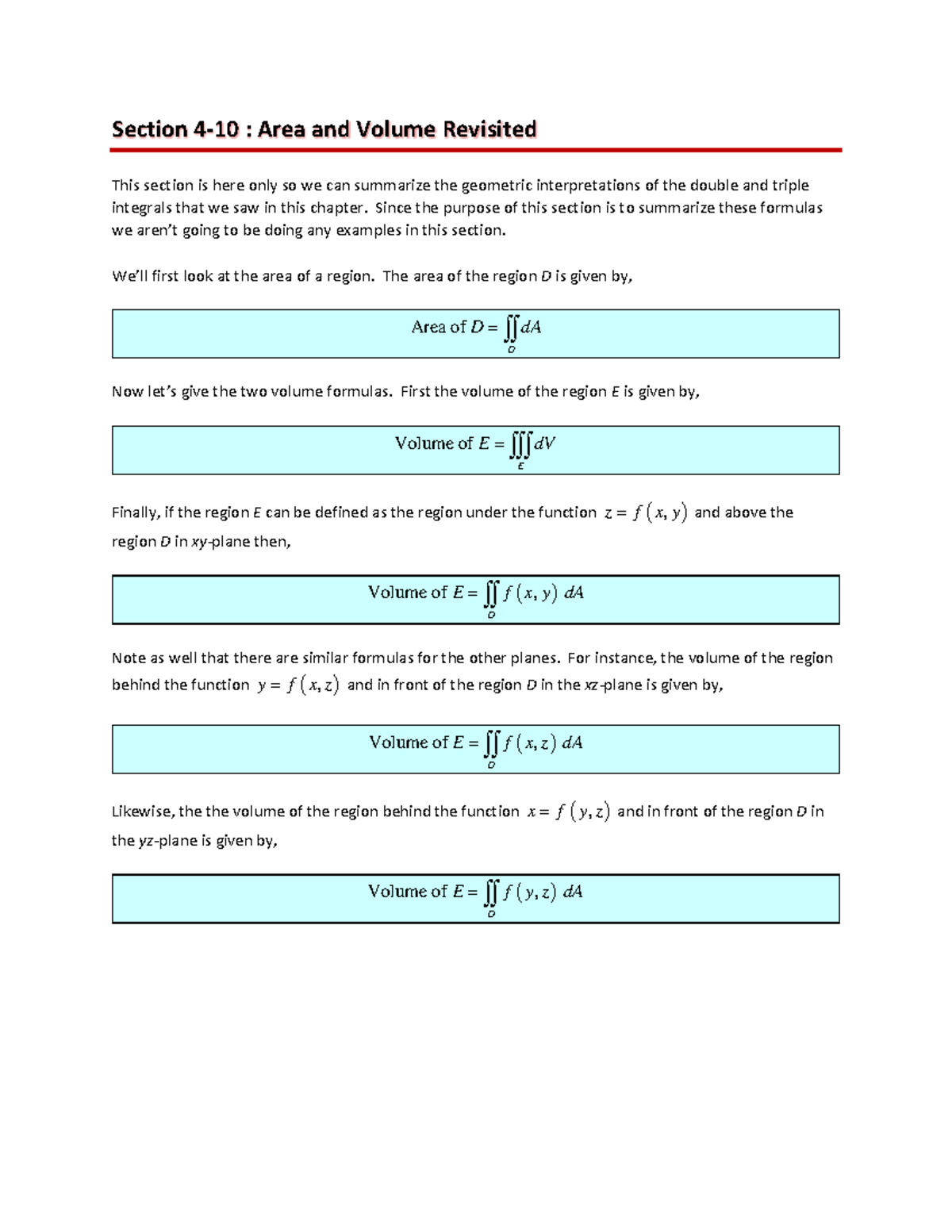 Calc Iii Area Volume Lecture Notes Section 4 10 Area And Volume Revisited This Section Is