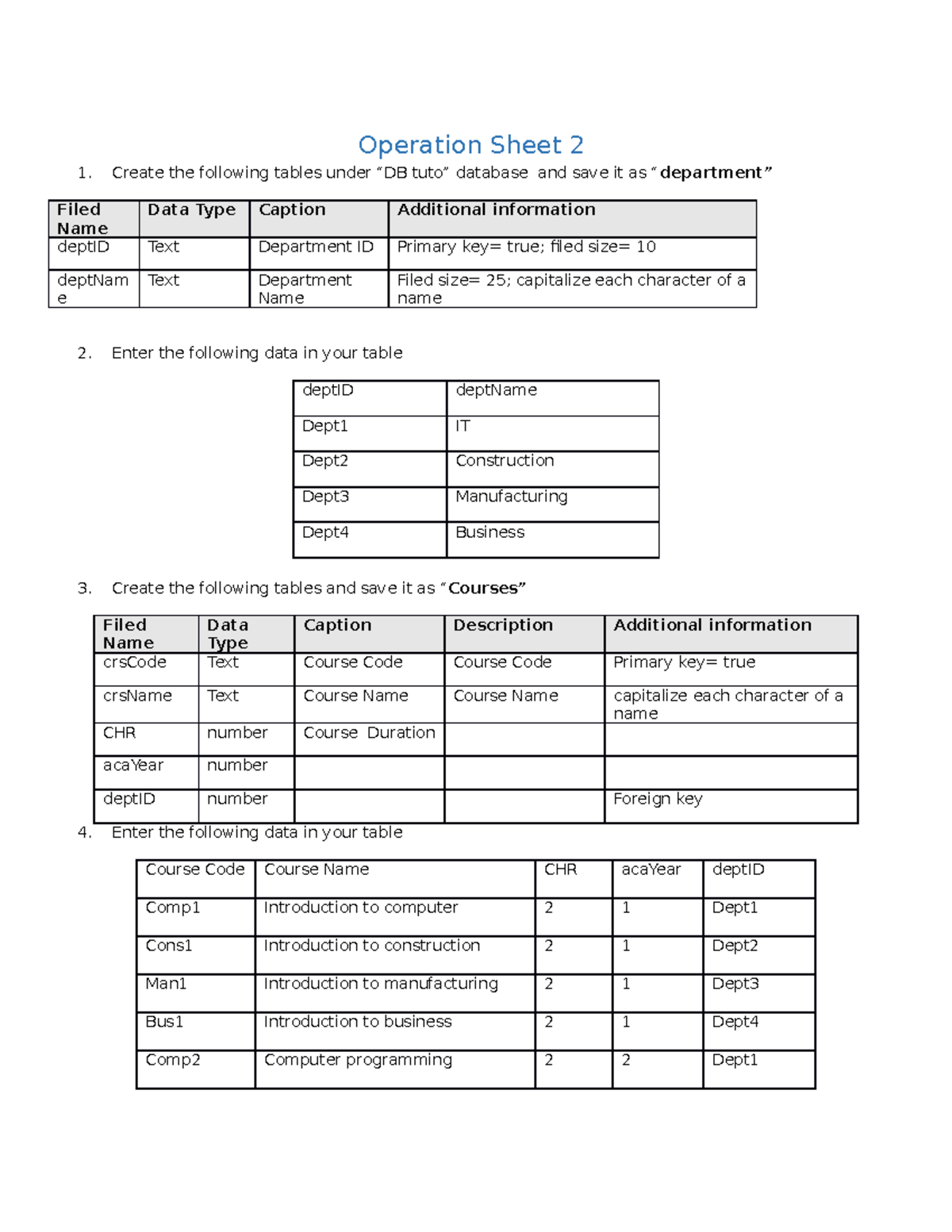 Operation Sheet 3 - Practical Exercise about MS Access - Operation ...