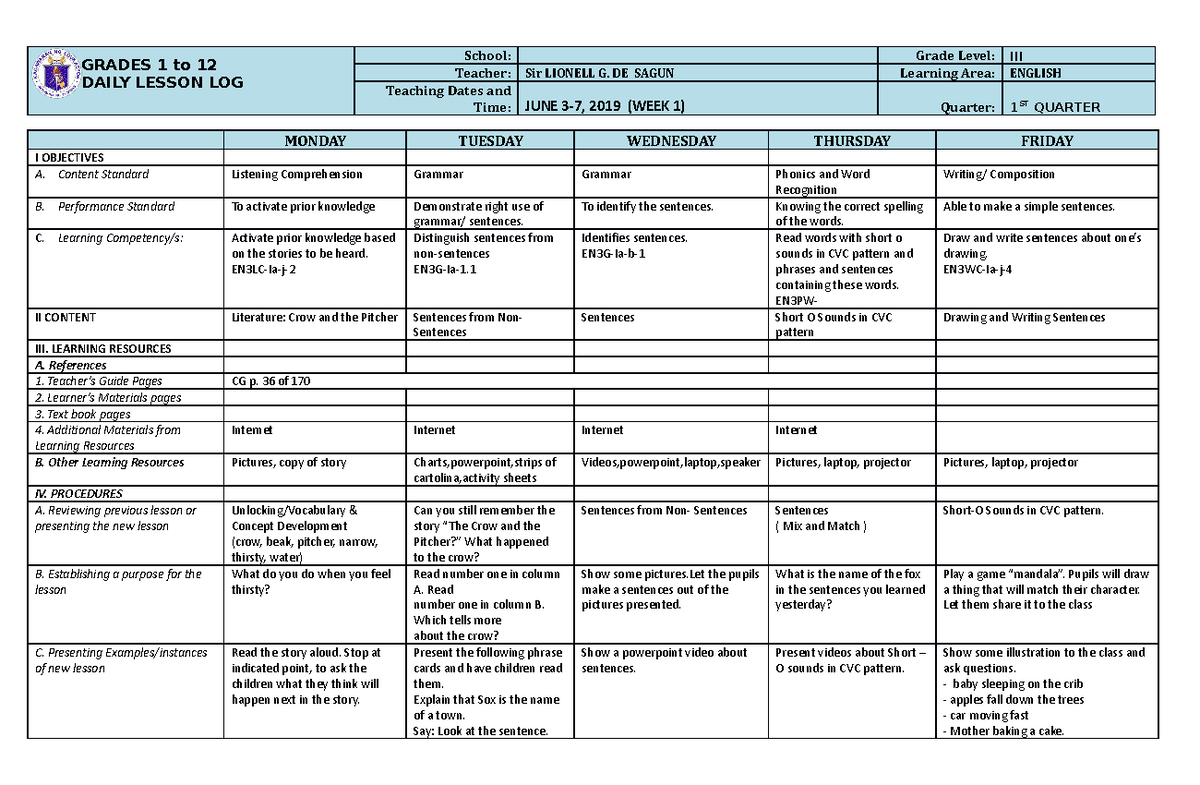 English 3 Q1 W1 DLL - copy - GRADES 1 to 12 DAILY LESSON LOG School ...
