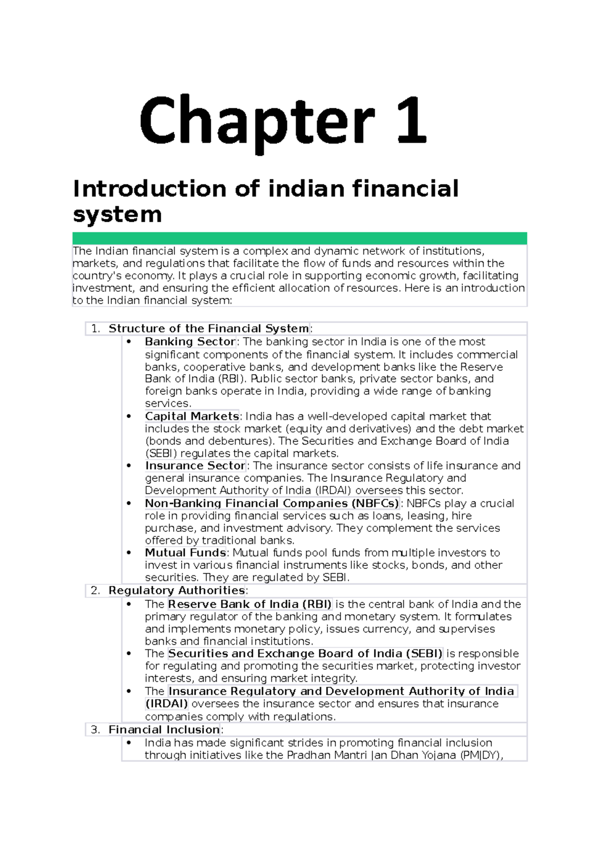Ch1 FM - nkkljknklhug - Chapter 1 Introduction of indian financial ...
