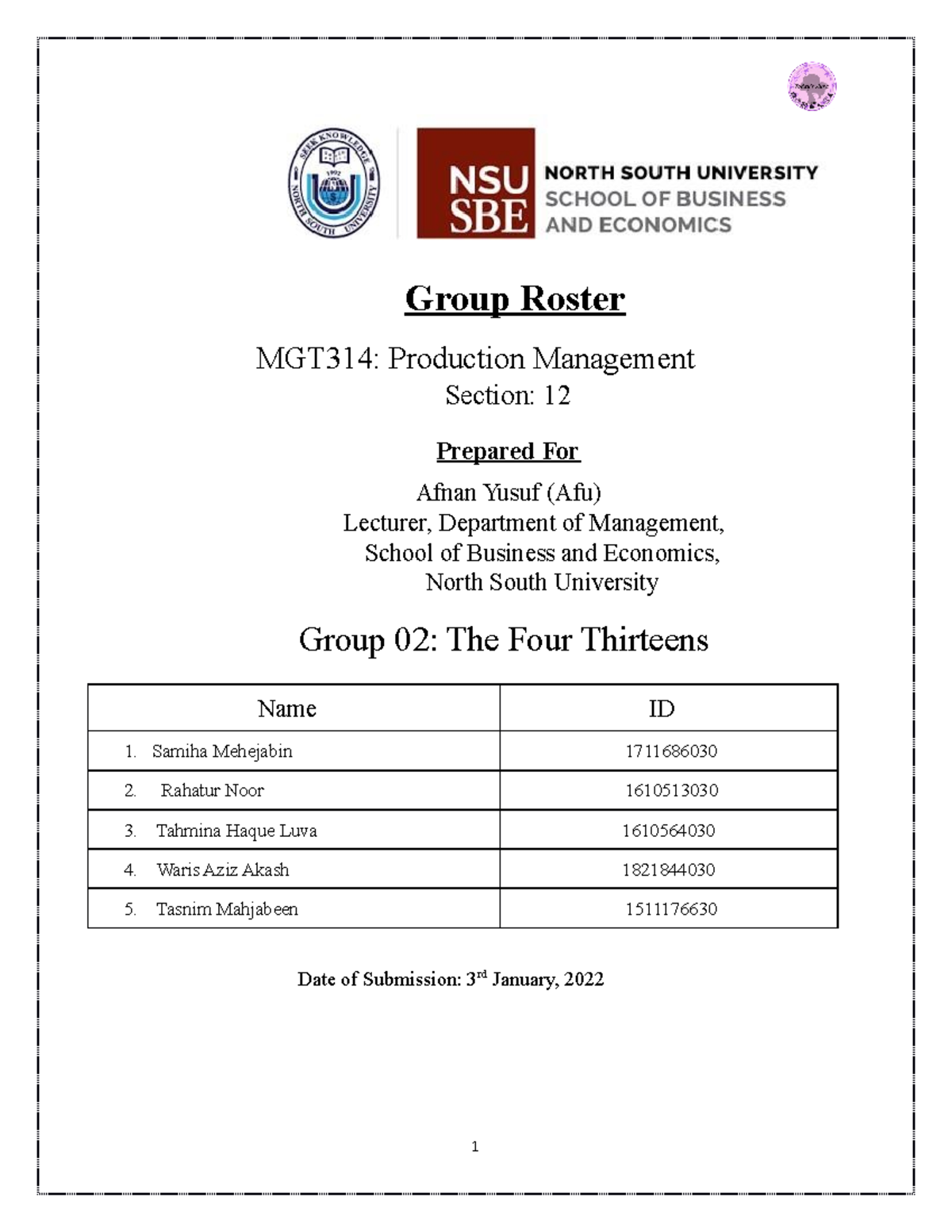 Final MGT NSU Project (POM) - Group Roster MGT314: Production ...