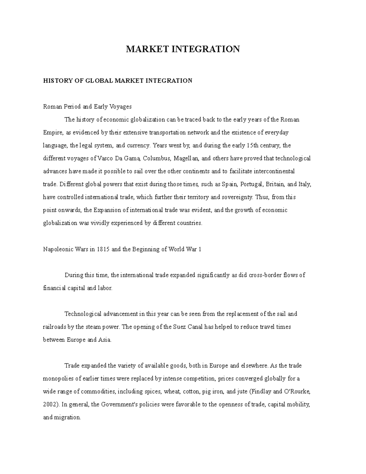 Market Integration - MARKET INTEGRATION HISTORY OF GLOBAL MARKET ...