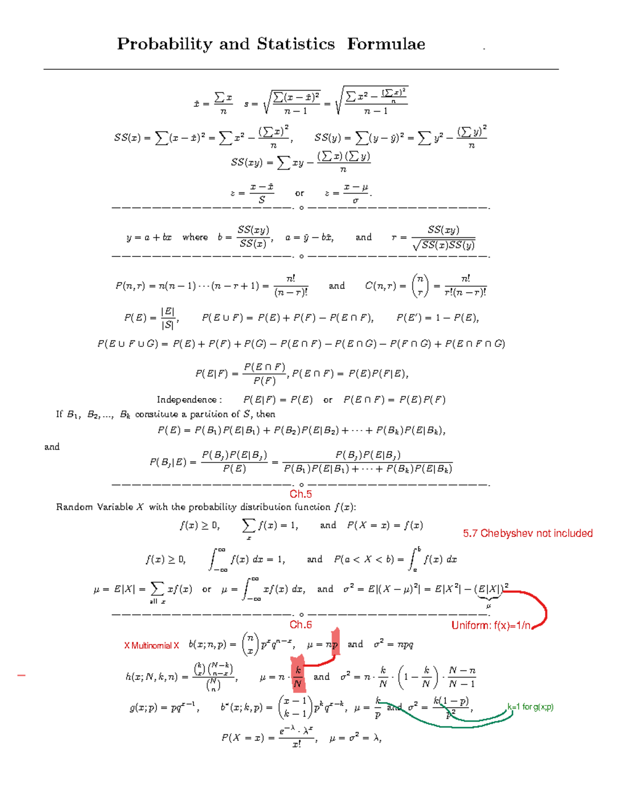 Formulae - table - Probability and Statistics Formulae. x ̄ = ∑ x n s ...