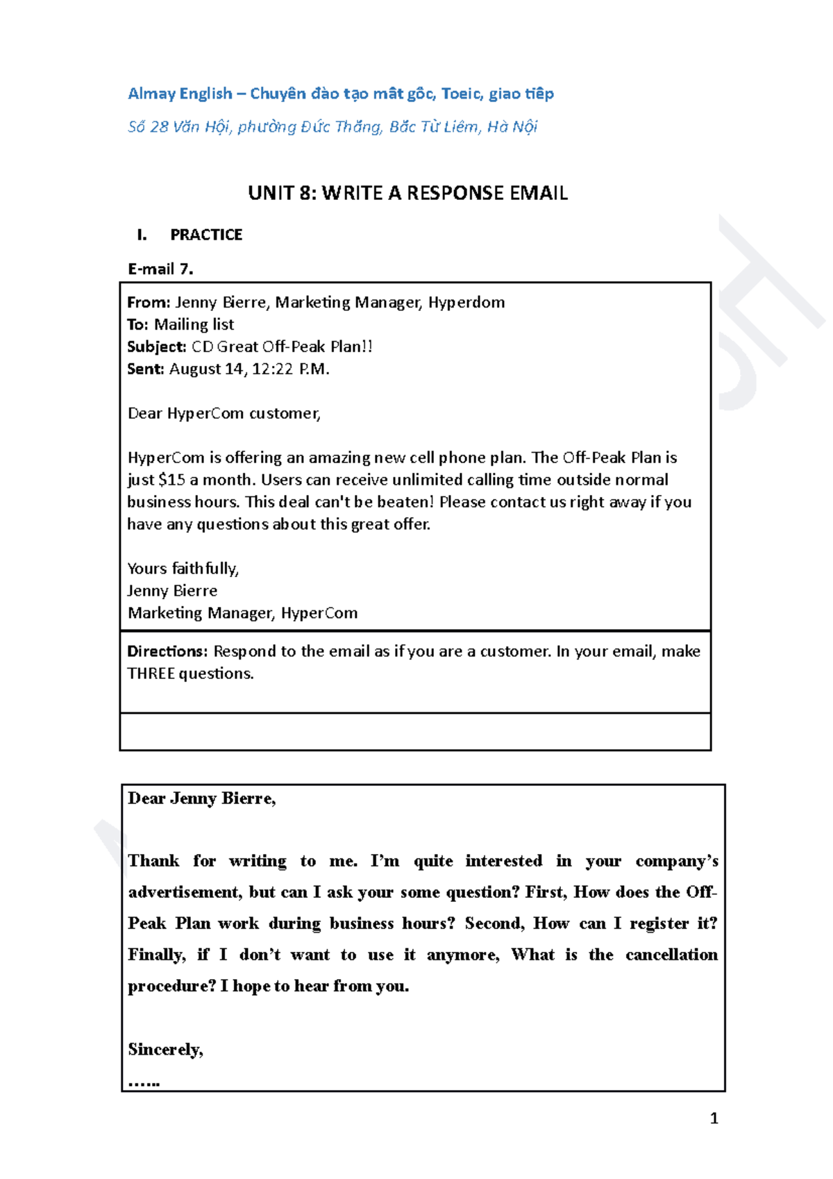 UNIT 8 Write A Response Email - Almay English – Chuyên đào t o mấất ...