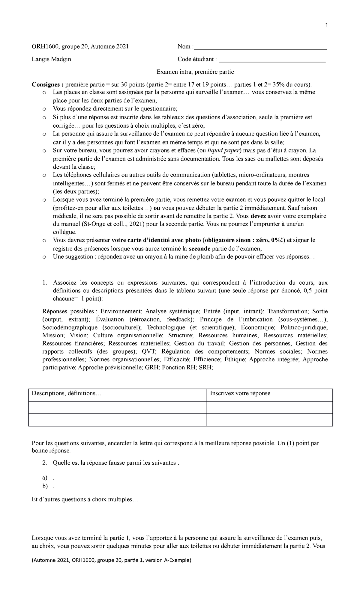 Groupe 05-Partie 1-version A-exemple d'examens - 1 ORH1600, groupe 20 ...