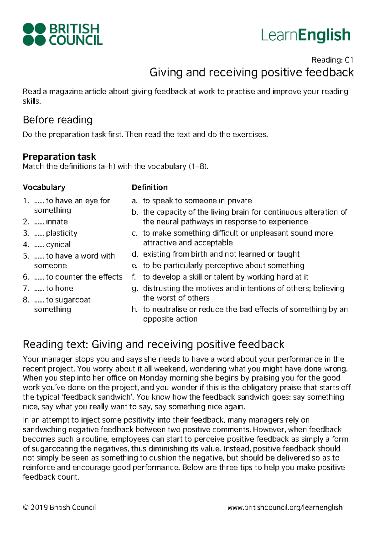 Learn English Reading C1 Giving and receiving positive feedback - Reading: C Giving and ...