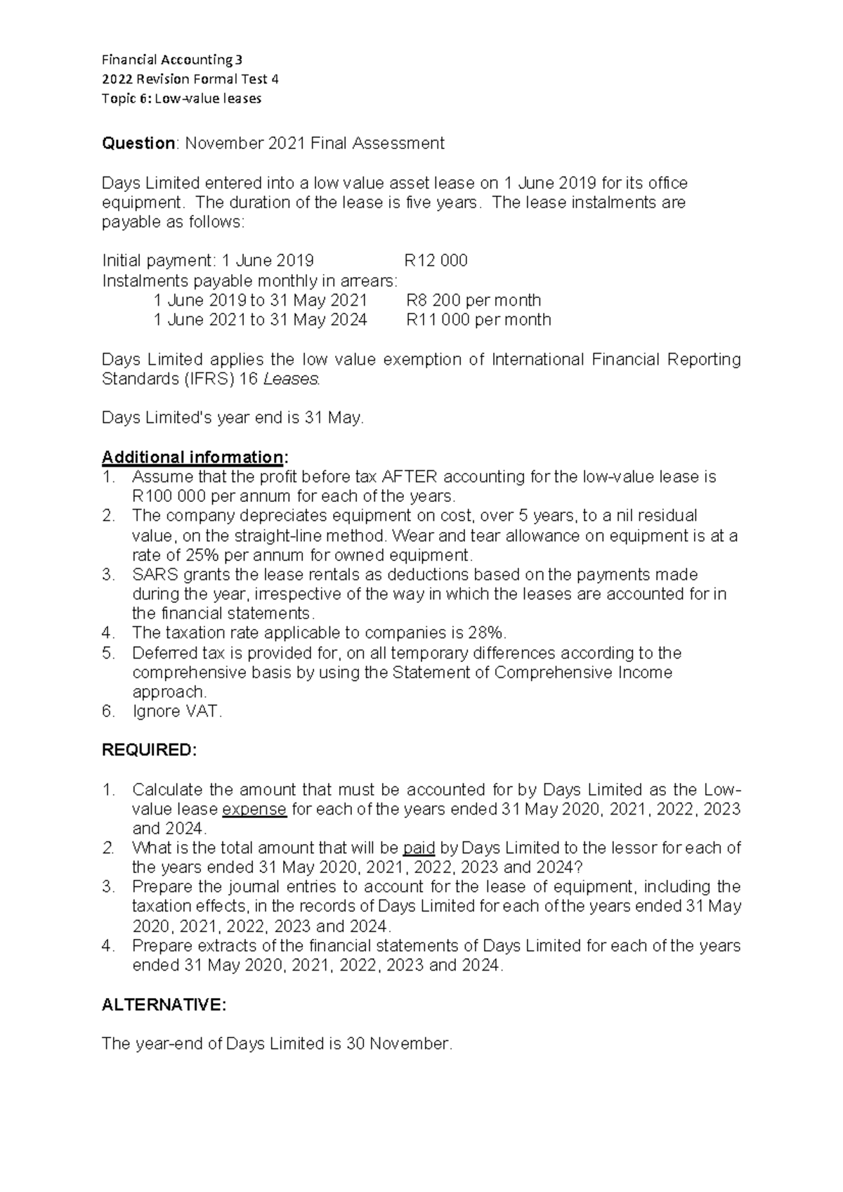 Low Value Lease Question - Financial Accounting 3 2022 Revision Formal ...
