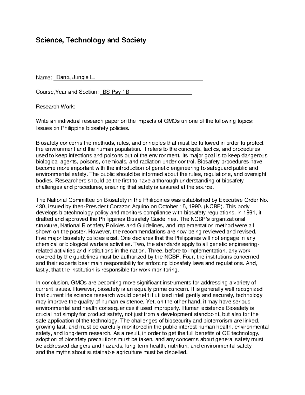 Research Works for STS ( Biosafety ) - Science, Technology and Society ...