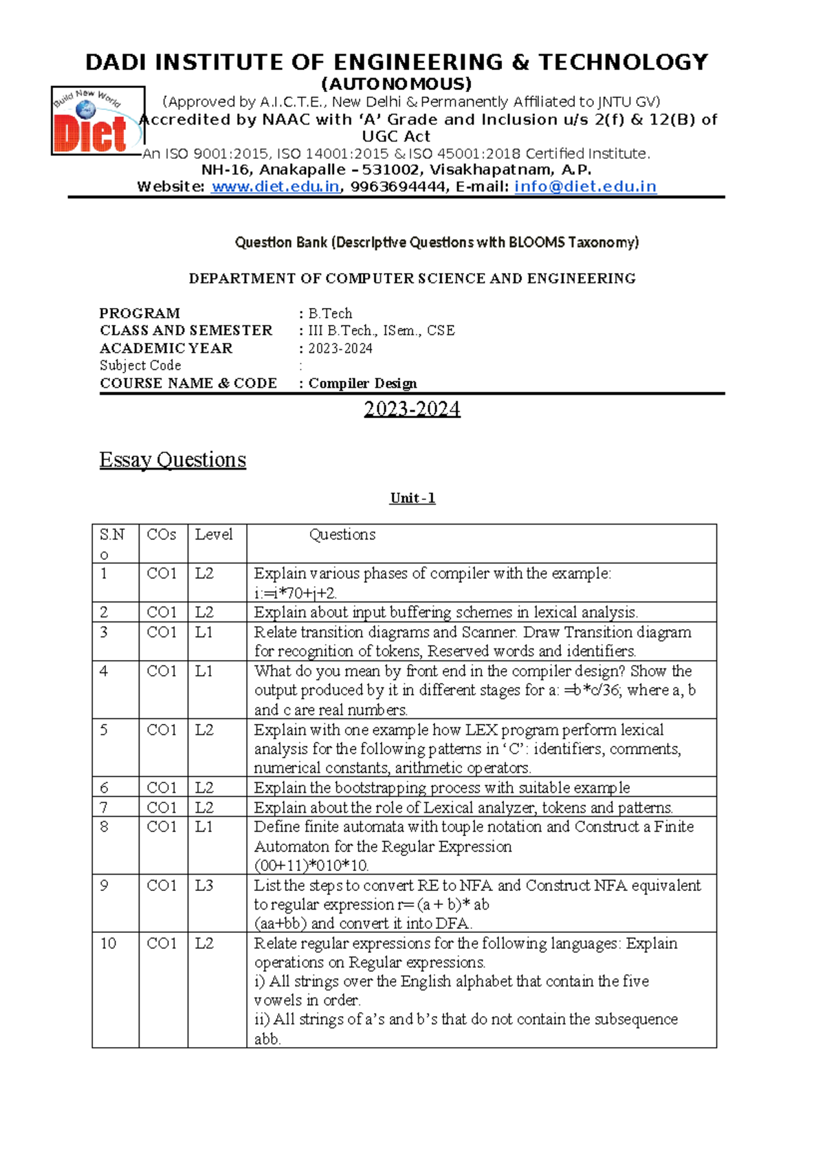 Final Question Bank for Compiler Design - (AUTONOMOUS) (Approved by A.I ...