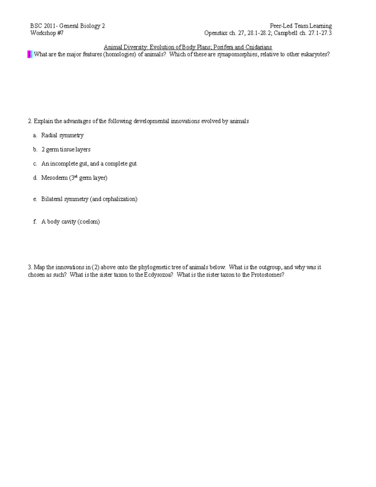 Biology Questions - BSC 2011- General Biology 2 Peer-Led Team Learning ...