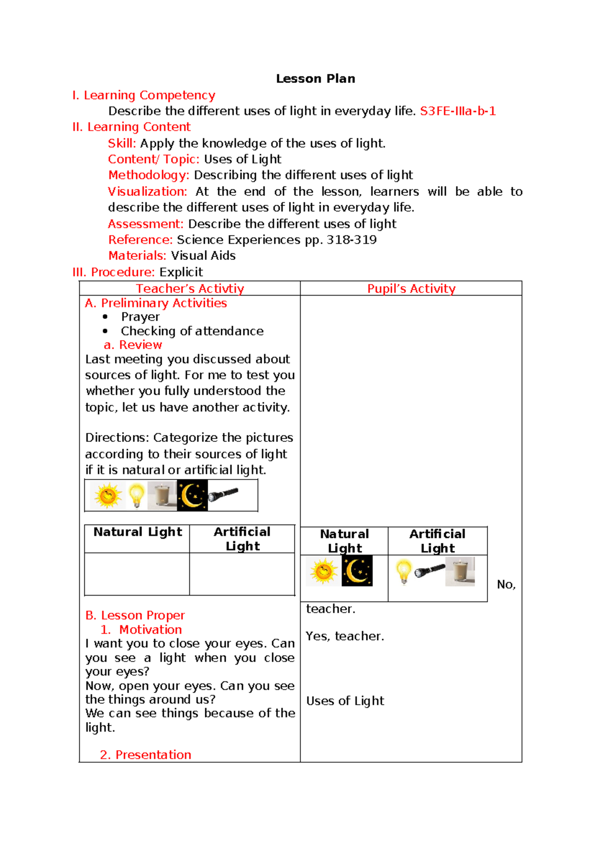 Lesson Plan science - Lesson Plan I. Learning Competency Describe the ...