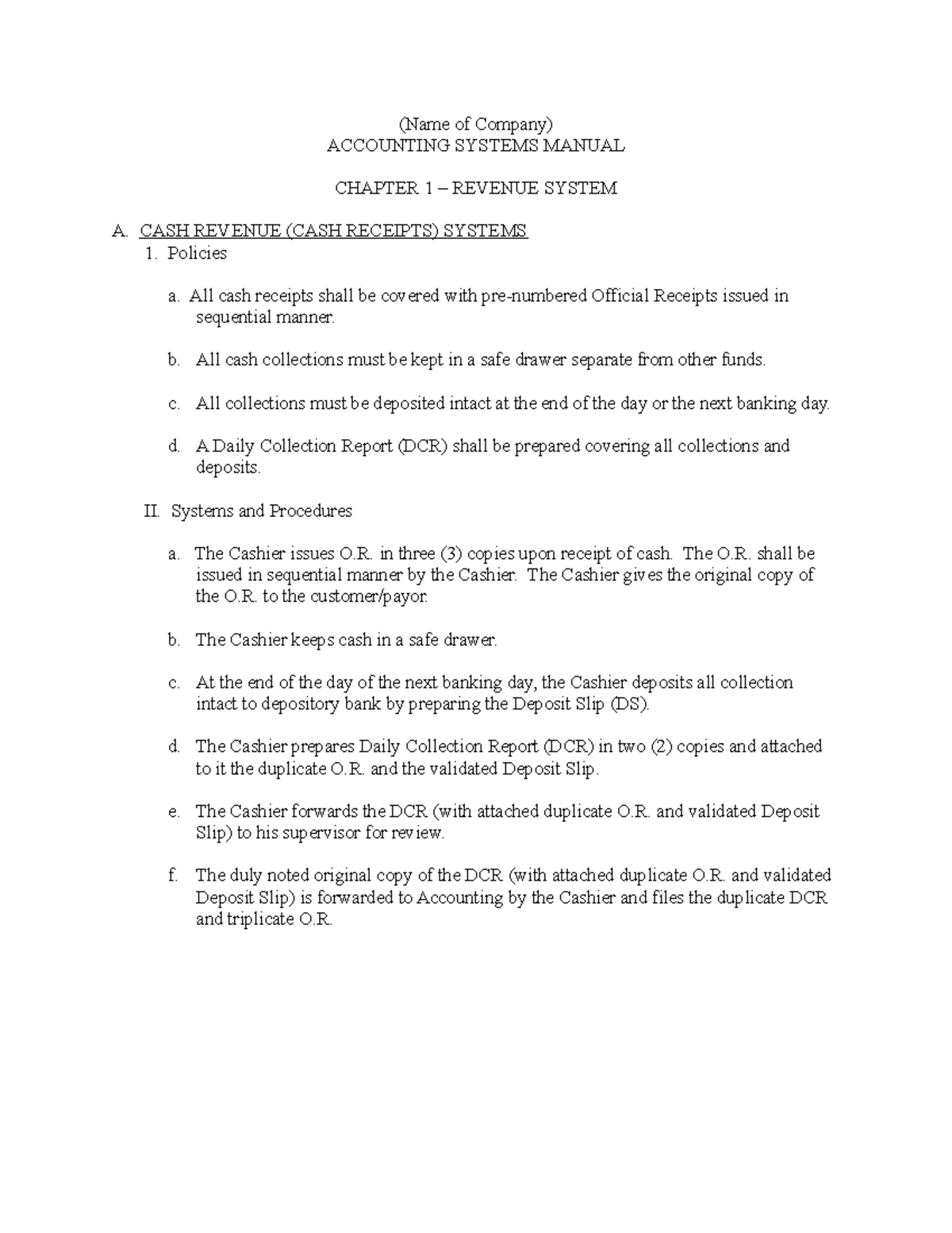 Revenue System - LECTURE NOTES - (Name of Company) ACCOUNTING SYSTEMS ...