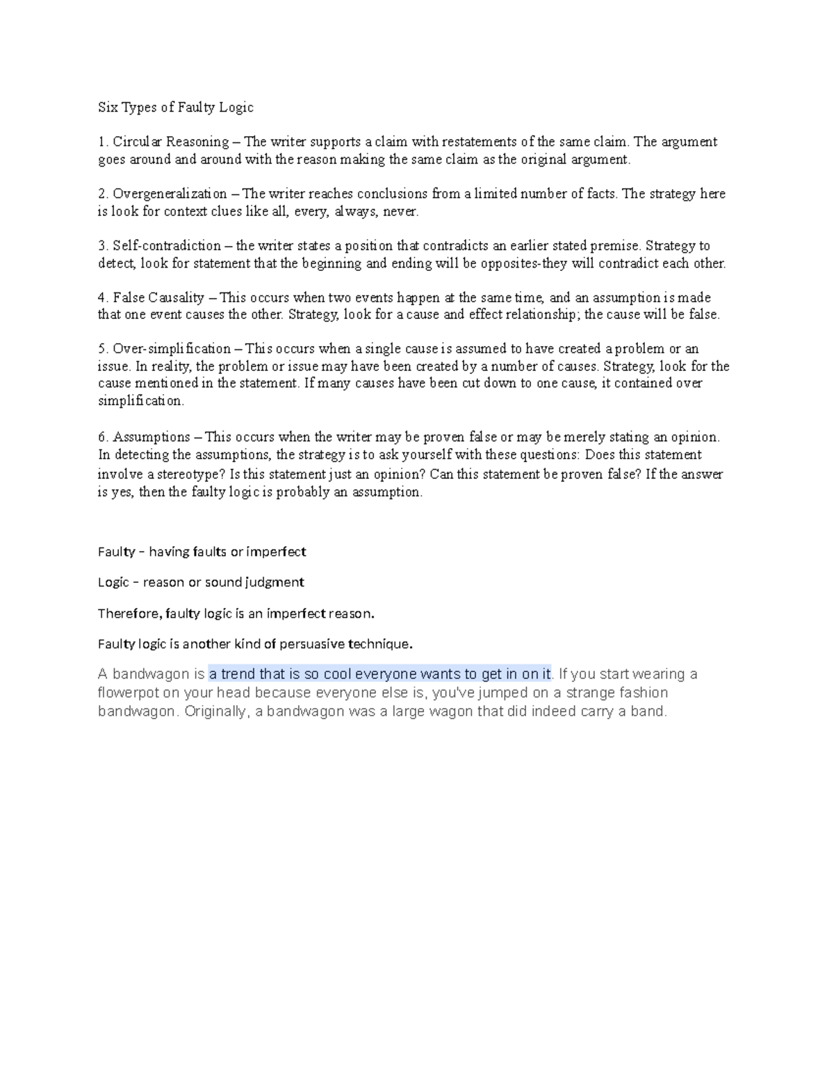 Six Types of Faulty Logic - Assumptions – This occurs when the writer ...