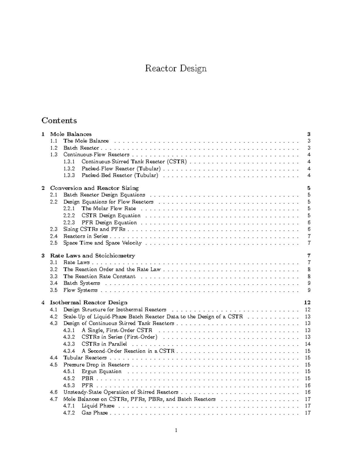 1 reactor design guide - Reactor Design 1 Mole Balances Contents 1 The ...