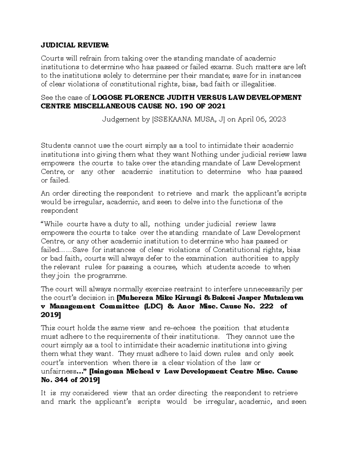 Case summary on Logose Judith vs LDC on Judicial Review - JUDICIAL ...
