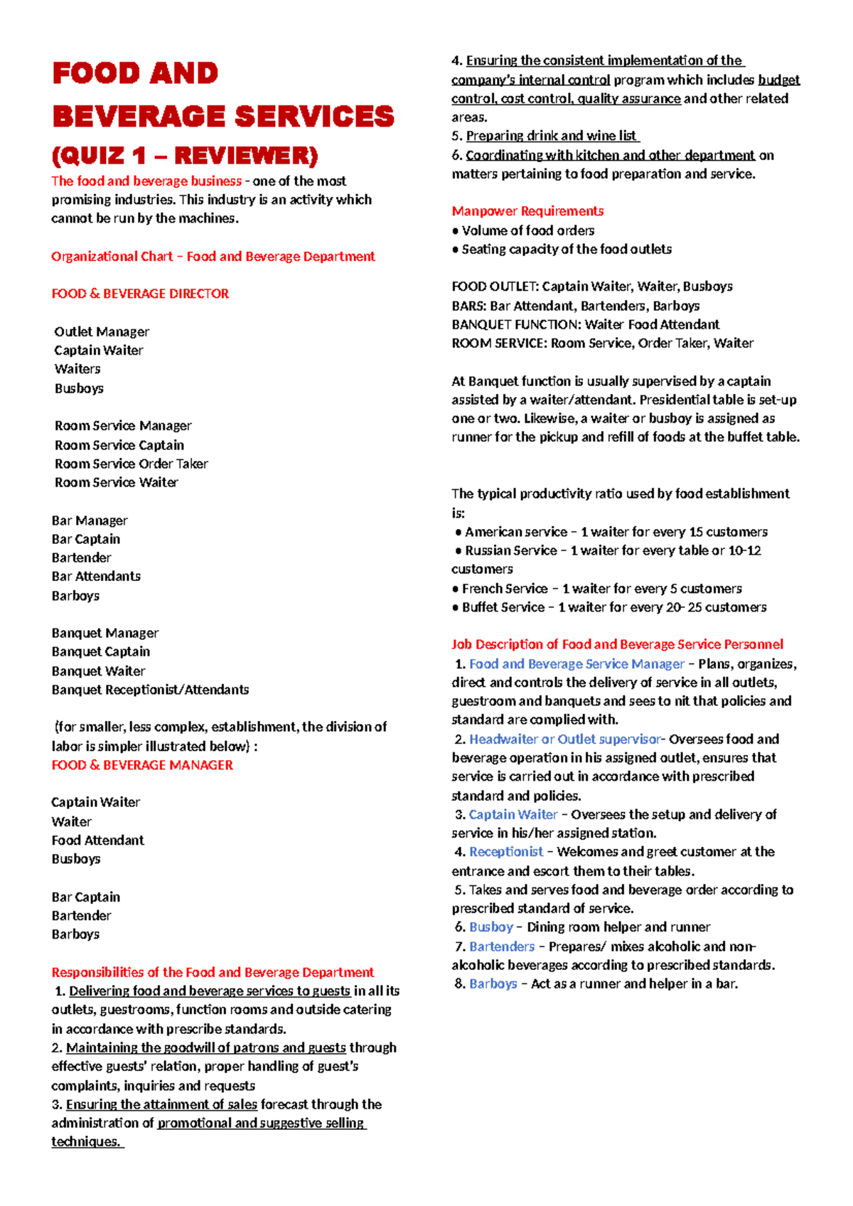 FBS-reviewer - For your basis - FOOD AND BEVERAGE SERVICES (QUIZ 1 ...
