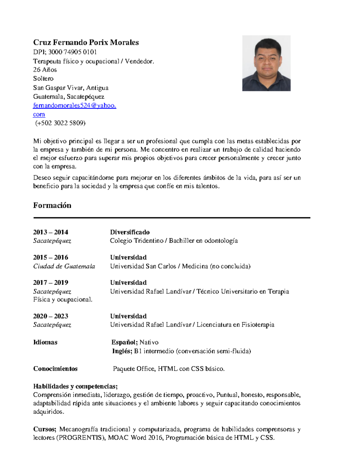 CV Cruz Porix jocotenango - Cruz Fernando Porix Morales DPI; 3000 74905 ...