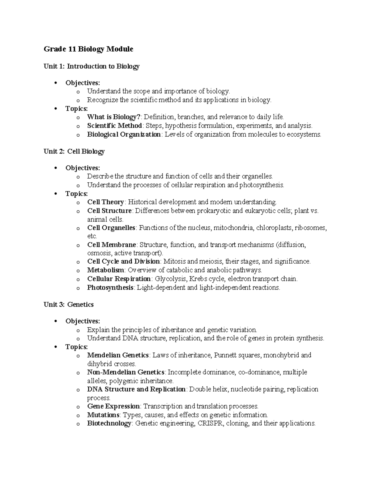 Biology 11 - Grade 11 Biology Module Unit 1: Introduction to Biology ...