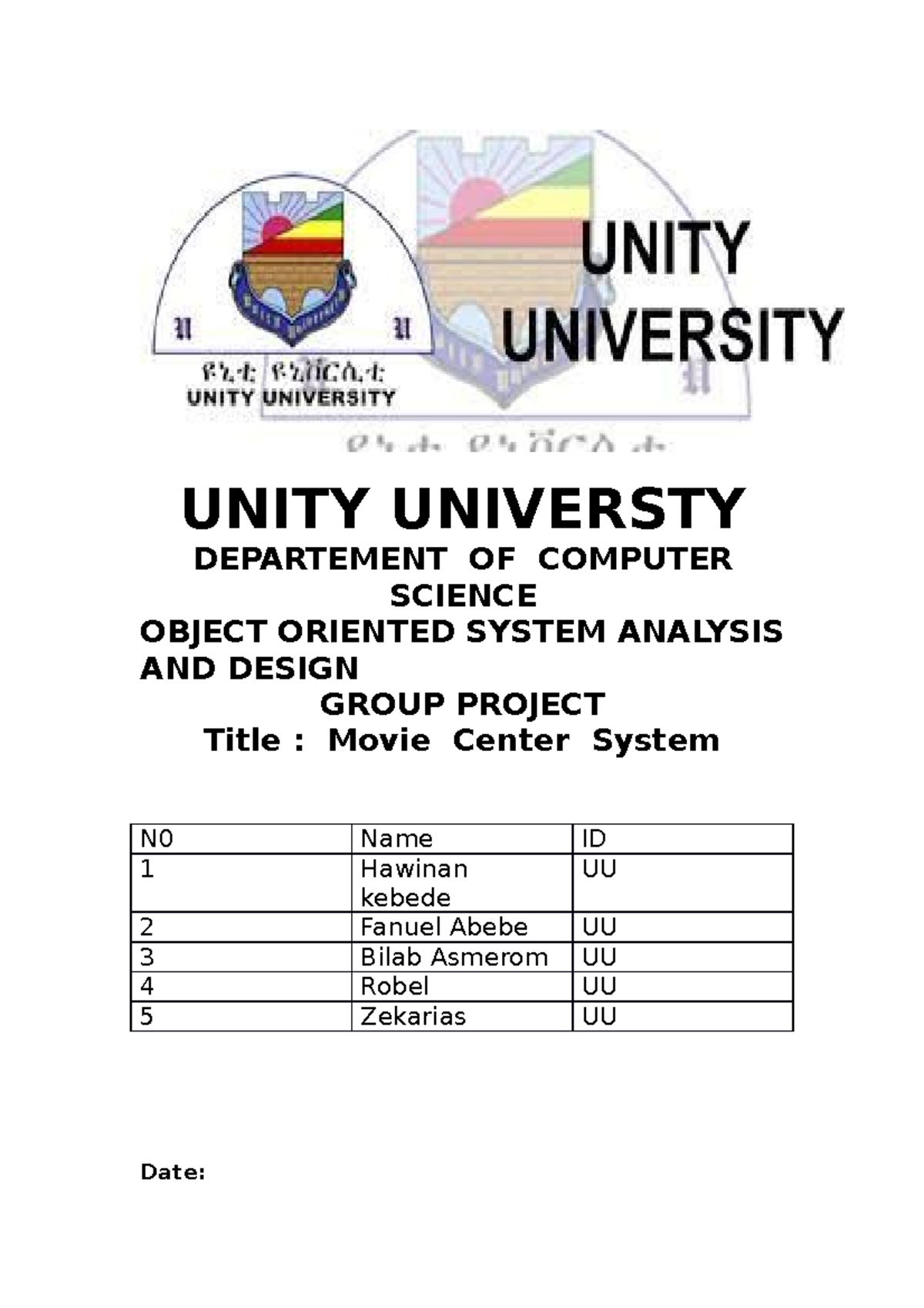 Oosad Project - goooyy - UNITY UNIVERSTY DEPARTEMENT OF COMPUTER ...