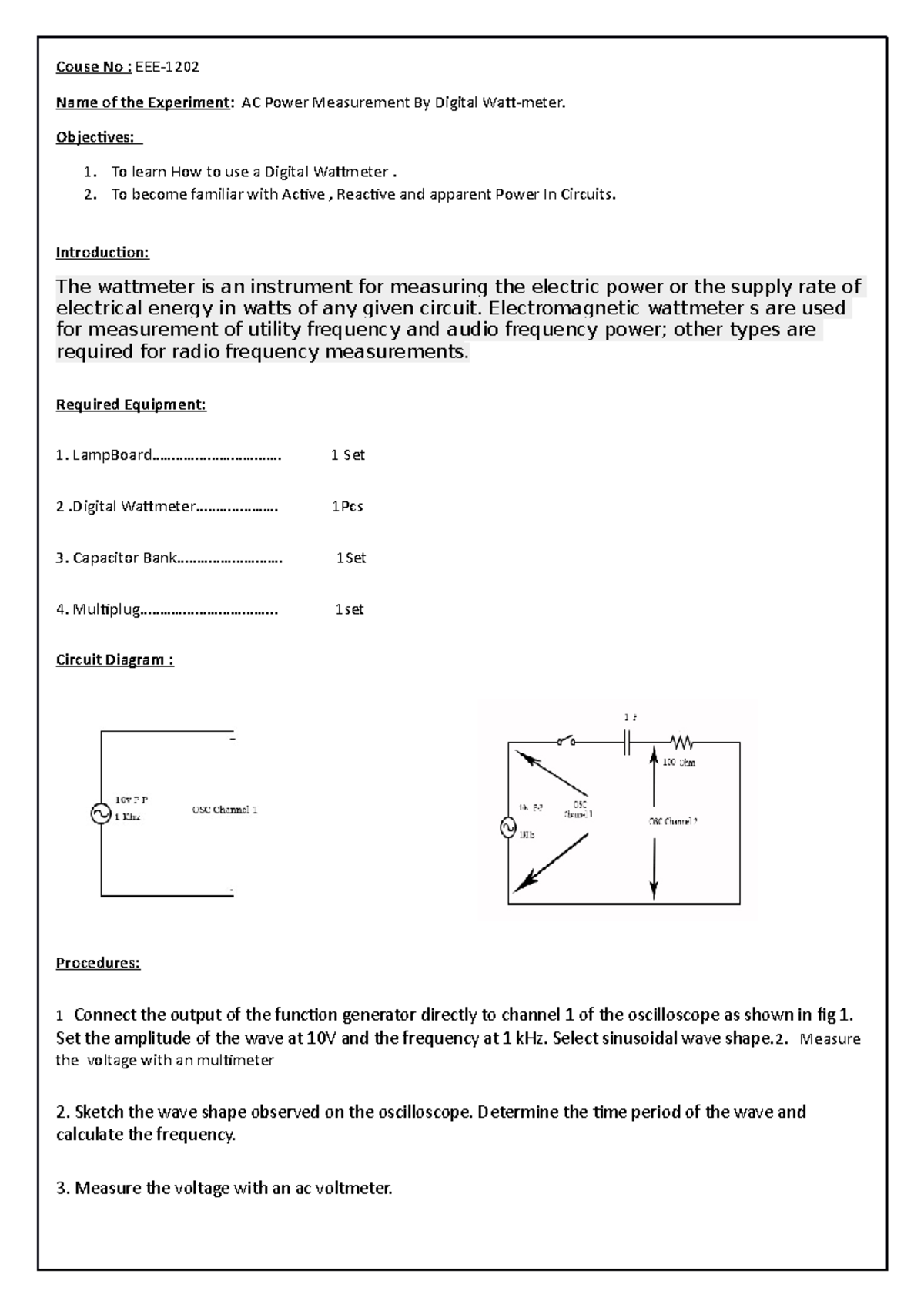 EEE02 - lab sheet - Couse No : EEE- Name of the Experiment: AC Power ...