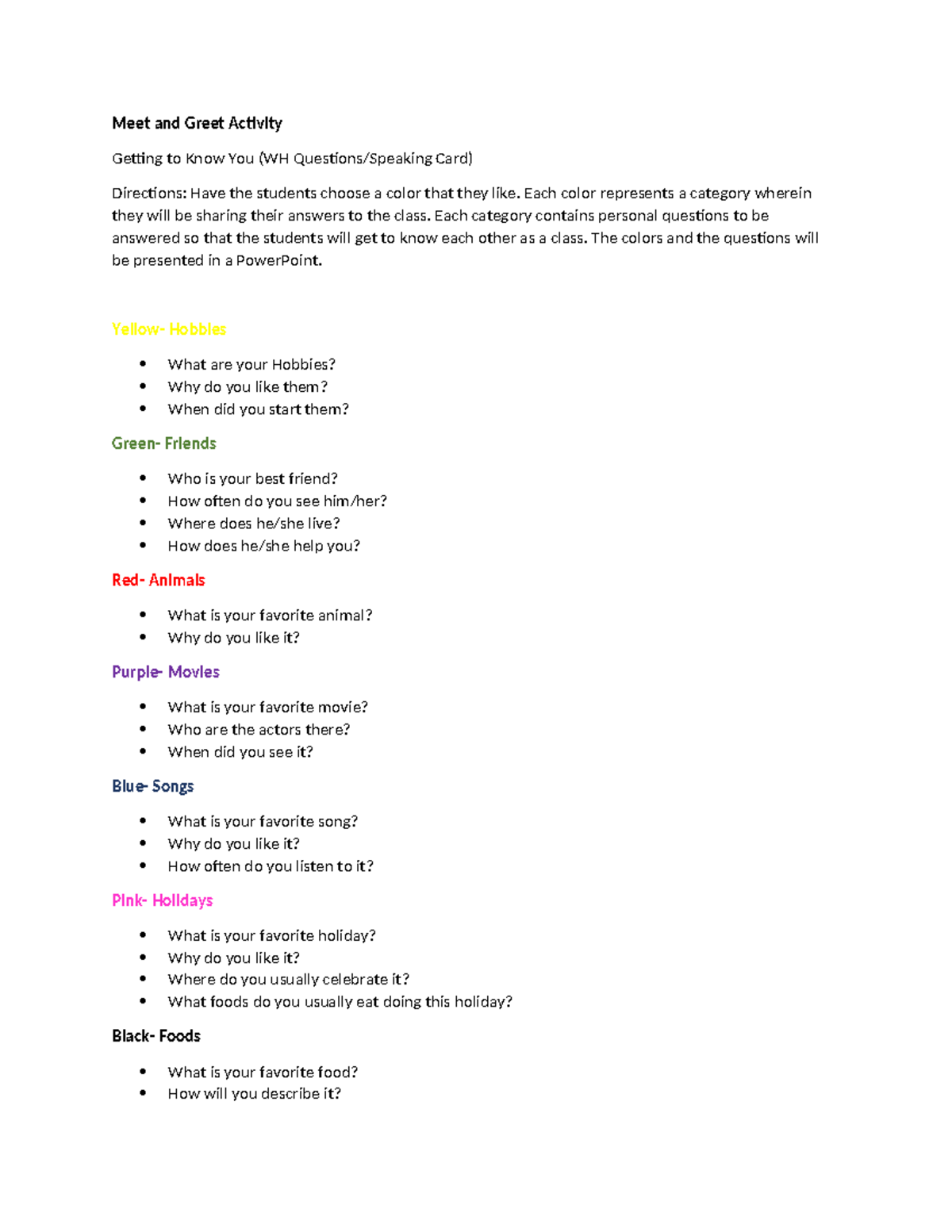 Meet and Greet Activity - Meet and Greet Activity Getting to Know You ...