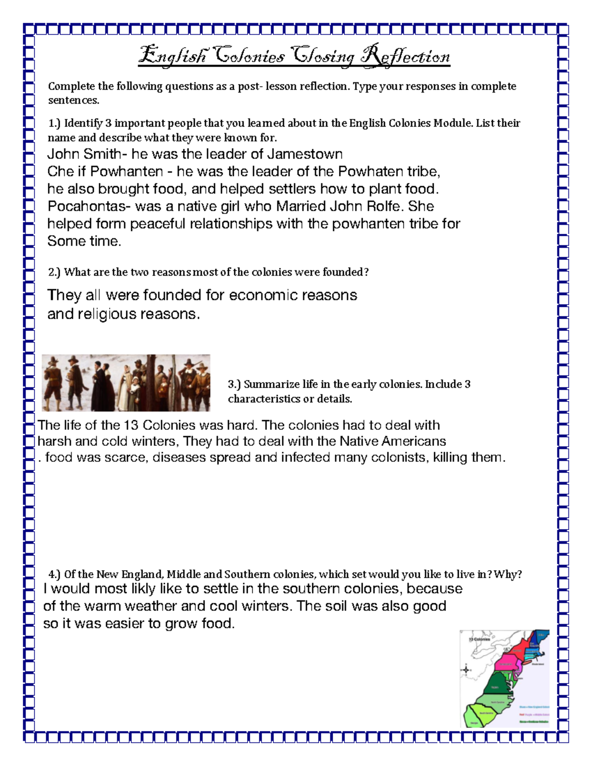 English Colonies Closing Reflection - Complete the following questions ...