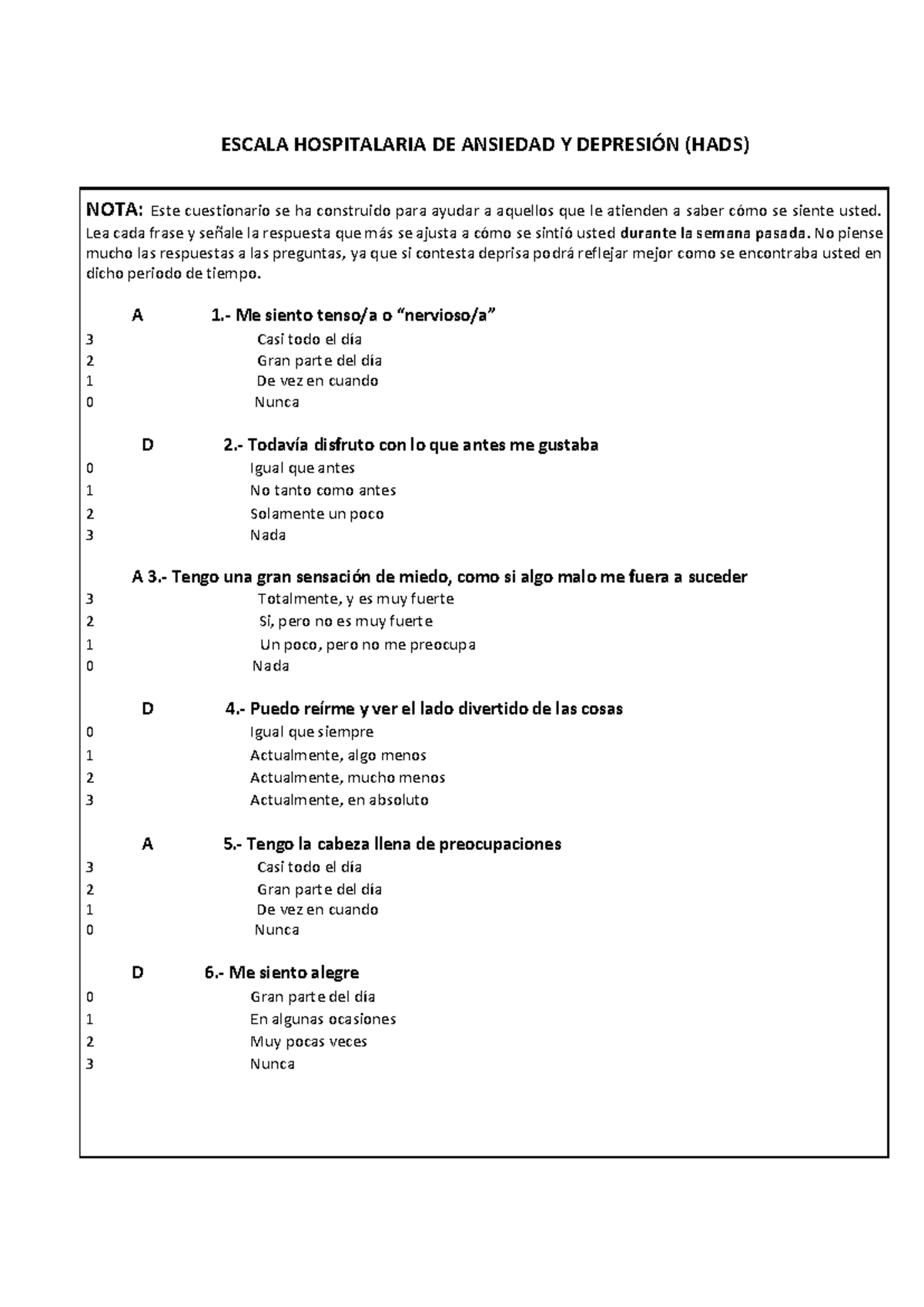 HADS normalizado - test de aplicacion - ESCALA HOSPITALARIA DE ANSIEDAD ...