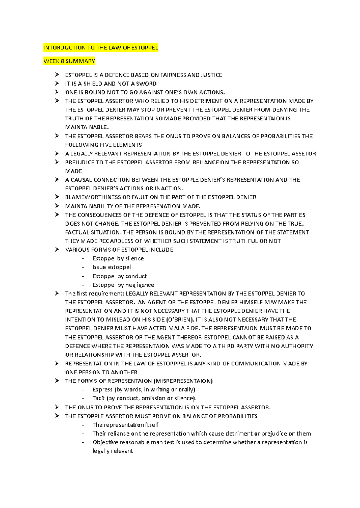 Week 8 summary Introduction to the Law of Estoppel - INTORDUCTION TO ...