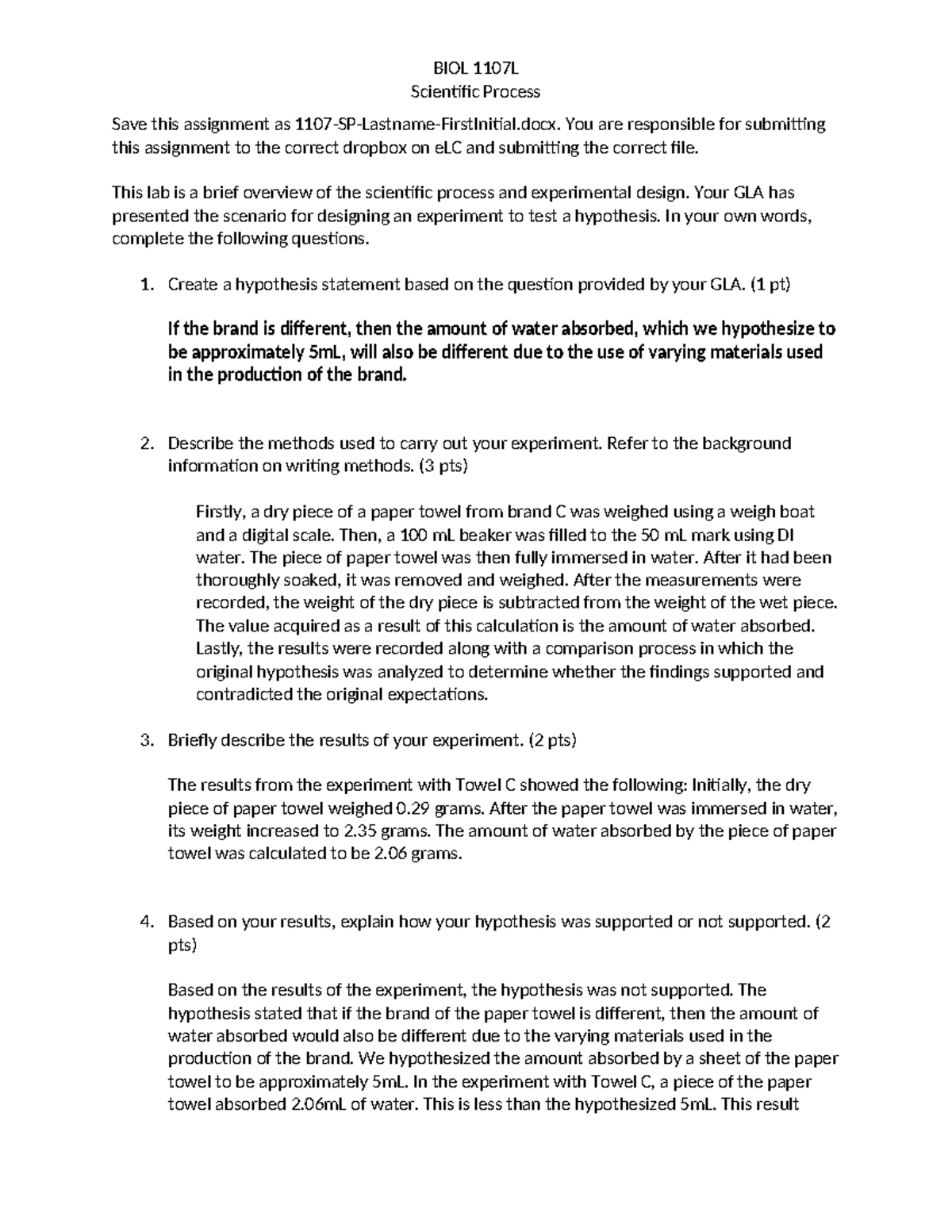 1107L 2023 bio lab - BIOL 1107L Scientific Process Save this assignment ...