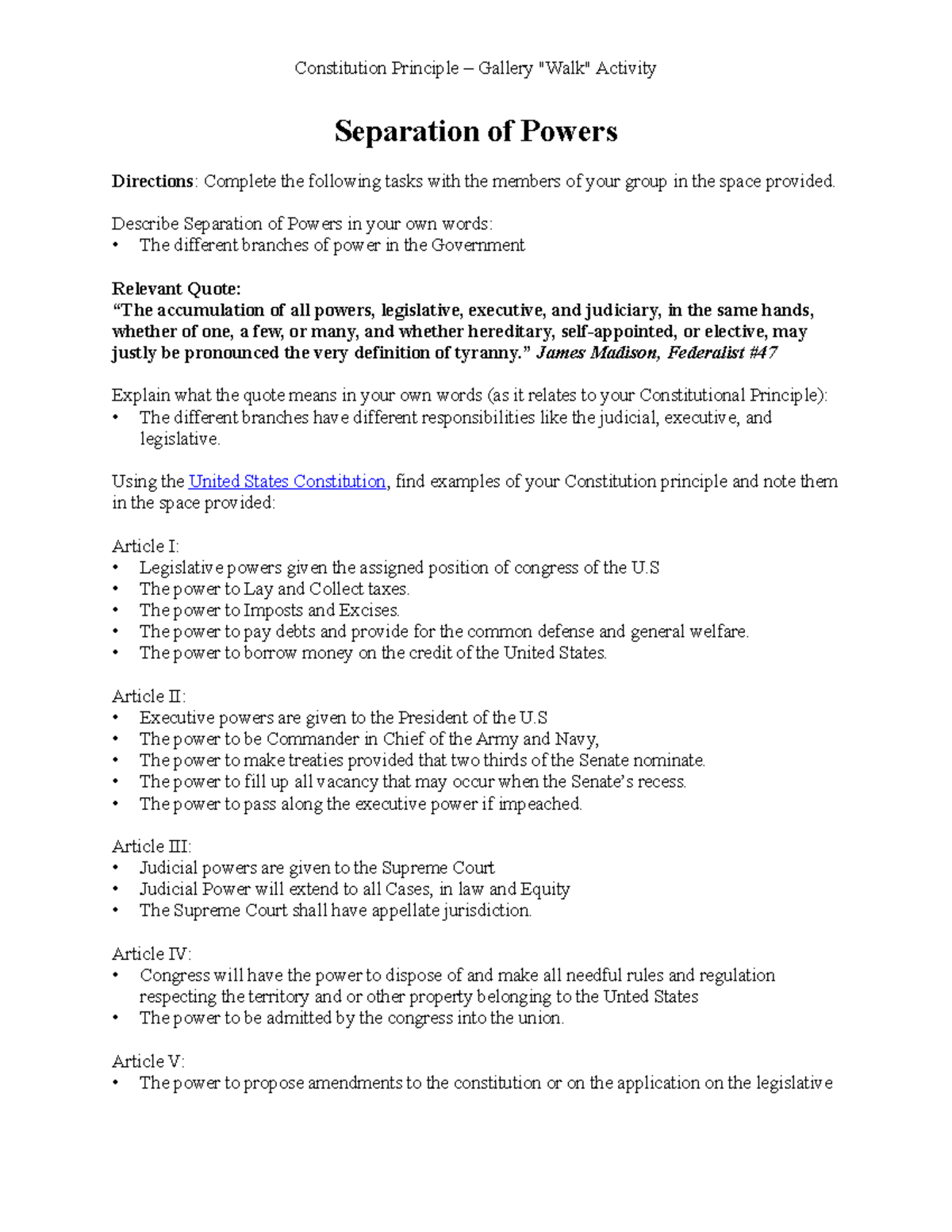 Topics in Modern America 22 - Constitution Principle – Gallery "Walk ...