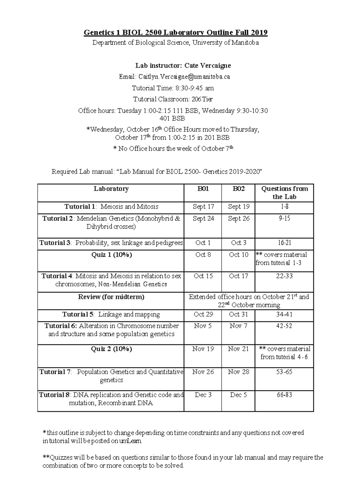 TA Updated BIOL 2500 Outline - Genetics 1 BIOL 2500 Laboratory Outline ...
