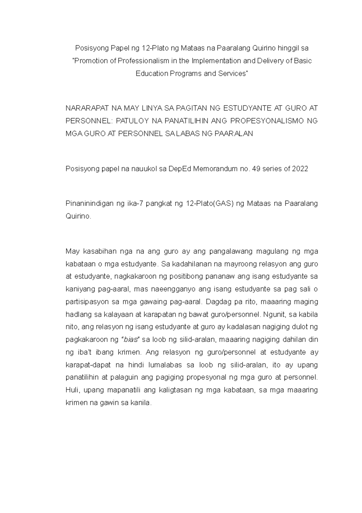 Posisyon paper Filipino - Posisyong Papel ng 12-Plato ng Mataas na ...