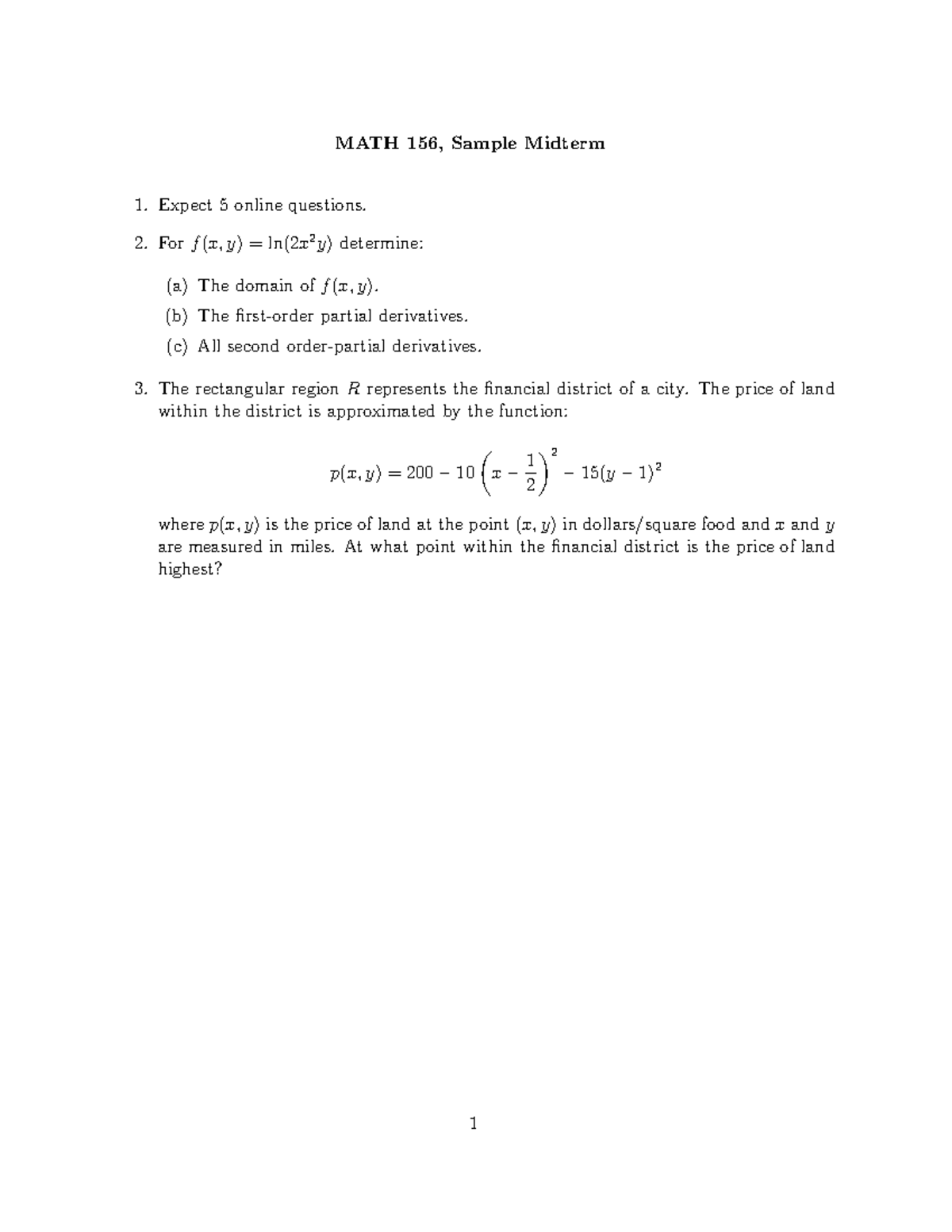 math lecture notes - MATH 156, Sample Midterm Expect 5 online questions ...