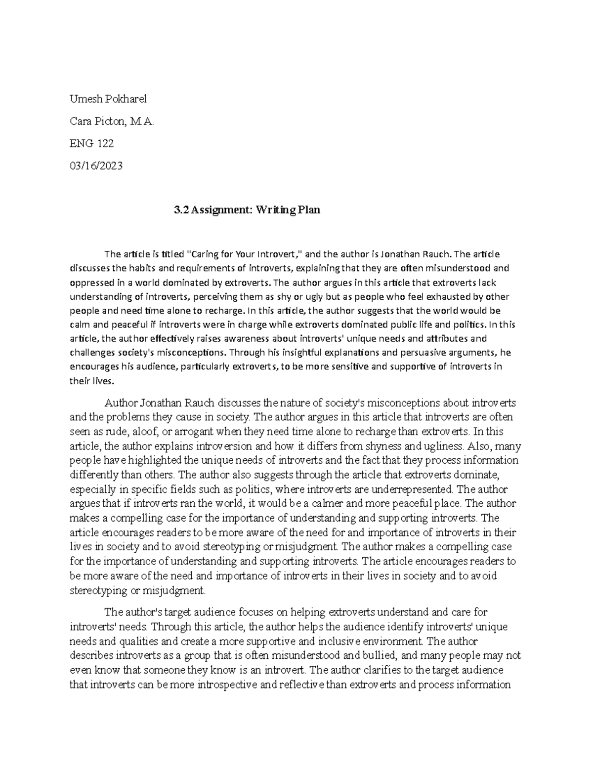 3.2 Assignment Writing Plan - Umesh Pokharel Cara Picton, M. ENG 122 03 ...