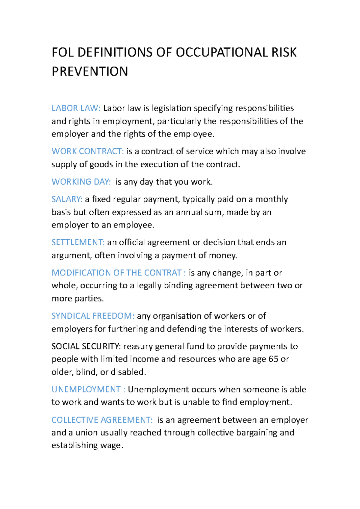 FOL Definitions OF Occupational RISK Prevention - FOL DEFINITIONS OF ...