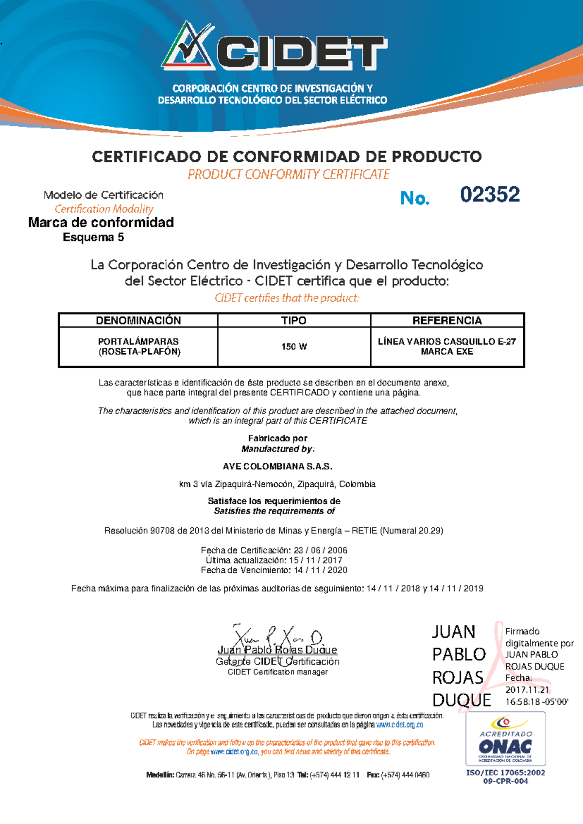 Certificado-Roseta Plafon - . 02352 Marca de conformidad Esquema 5 ...