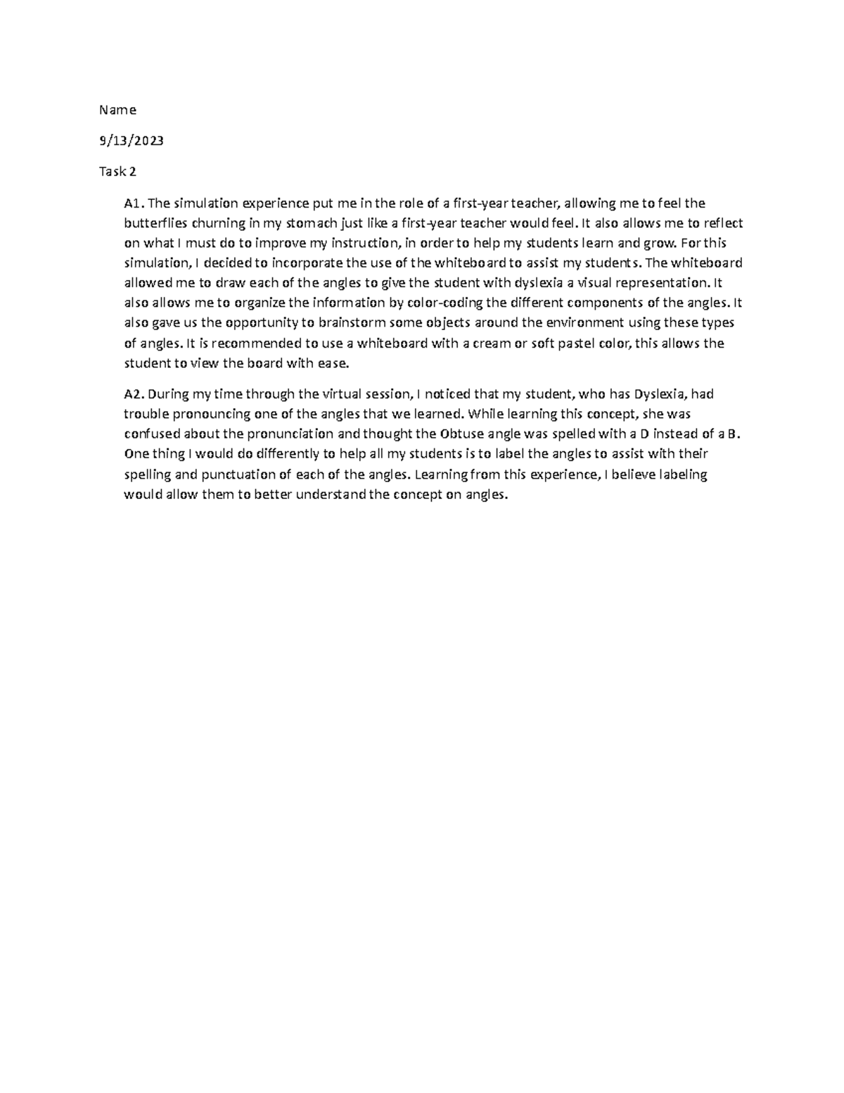 Fund. of Diverse Learners task 2-D096 - Name 9/13/ Task 2 A1. The ...