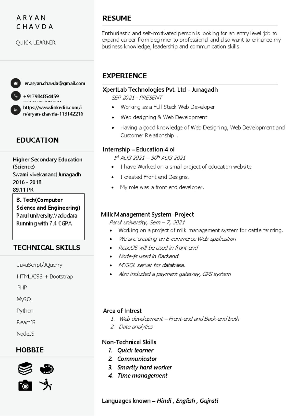 Aryan Chavda - Best resume you can consider this resume - A R Y A N C H A V D A RESUME OBJECTIVE ...