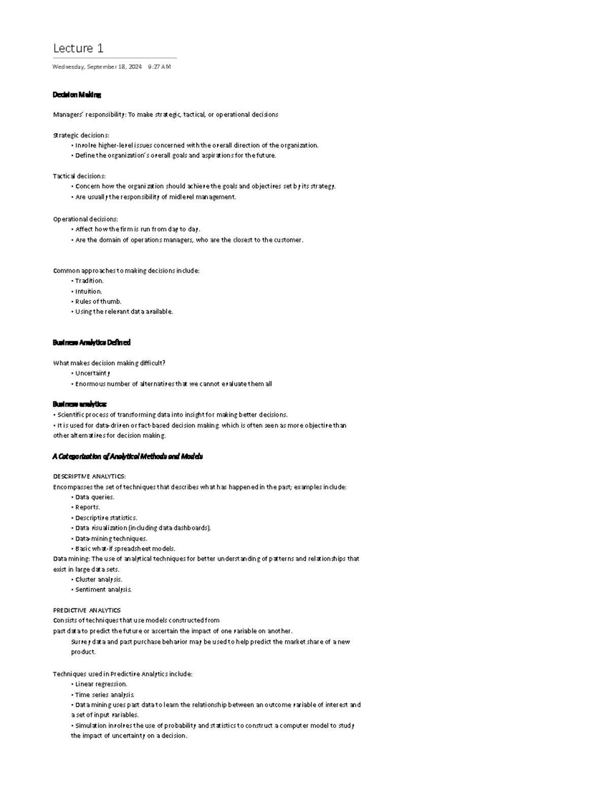 Lecture 1 for 2DA3 - Lecture 1 Wednesday, September 18, 2024 9:27 AM Decision Making Managers ...